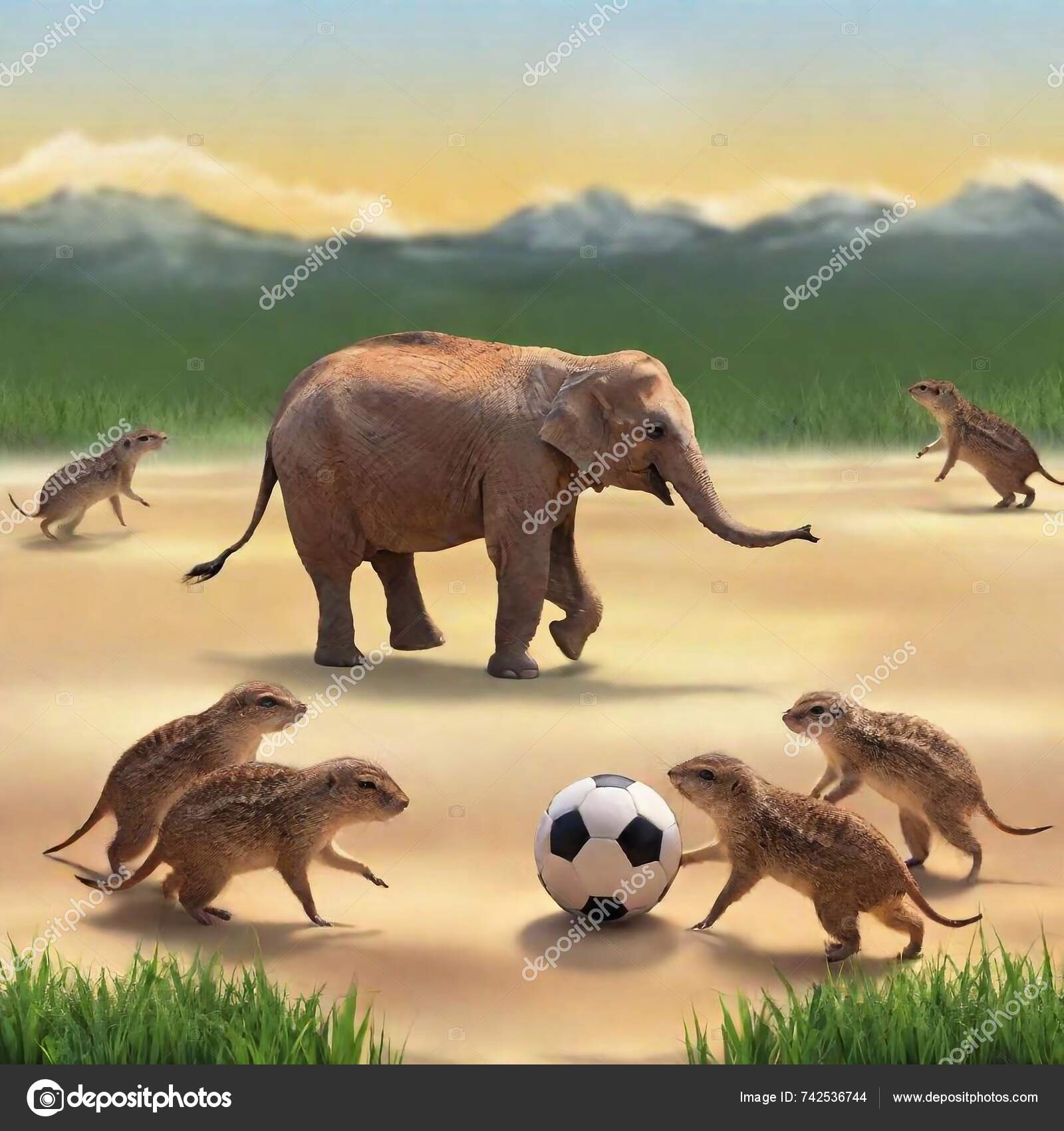 Elephant Playing Soccer Its Trunk Dribbling Soccer Ball Group Cheering ...
