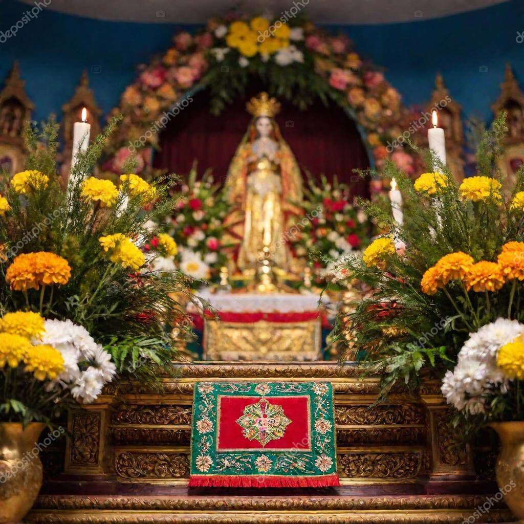 Genere una imagen de primer plano de un altar de la Virgen de Guadalupe ...