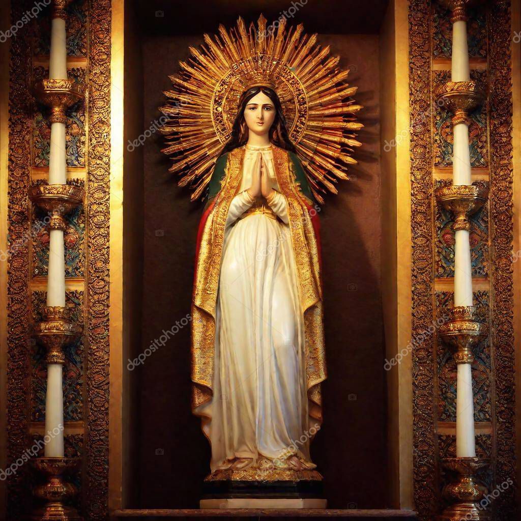 Diseña un primer plano extremo de un altar de la Virgen de Guadalupe ...