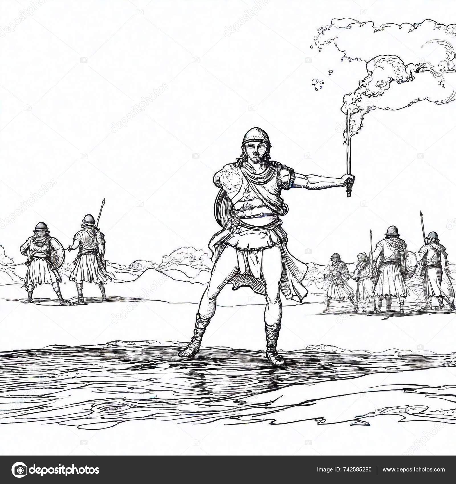 Ancient Roman Army Fighting Frozen River Line Art Drawing — Stock Photo ...