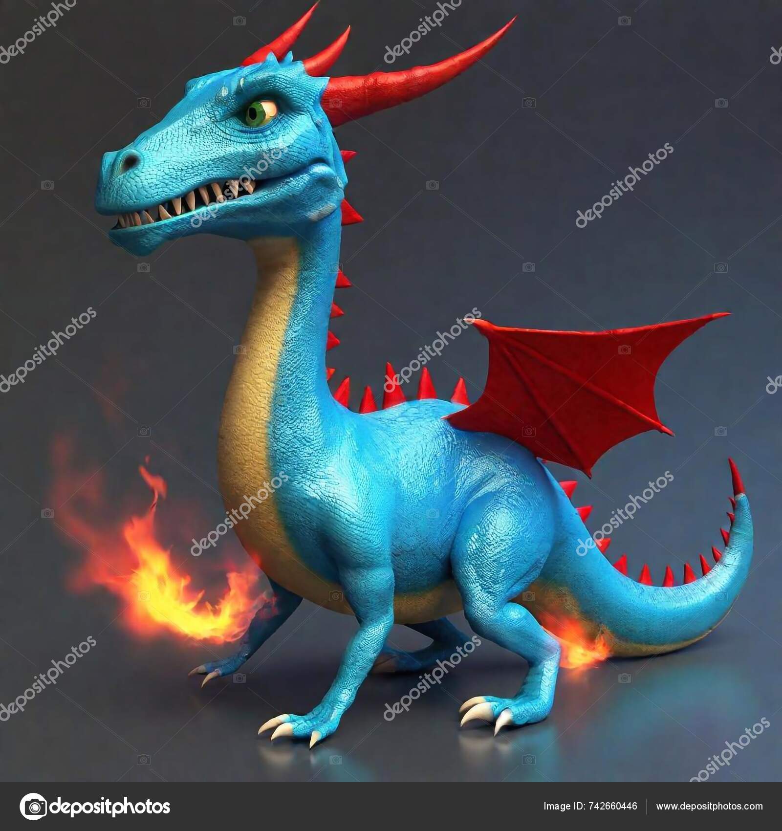 Blue Cartoon Dragon Big Oval Head Pair Red Wings Three — Stock Photo ...