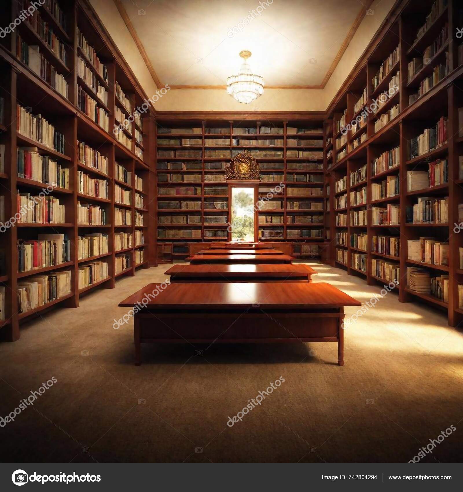 Biblioteca Vacía Con Libros Mesas — Foto de stock #742804294 ...