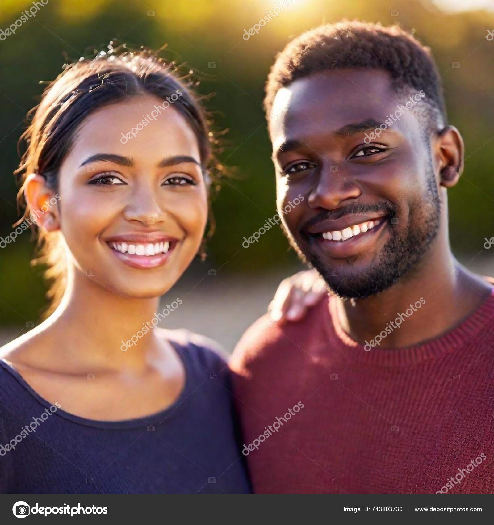 Portrait Happy Young Couple Smiling Outdoors — Stock Photo © Depositphotos AI #743803730