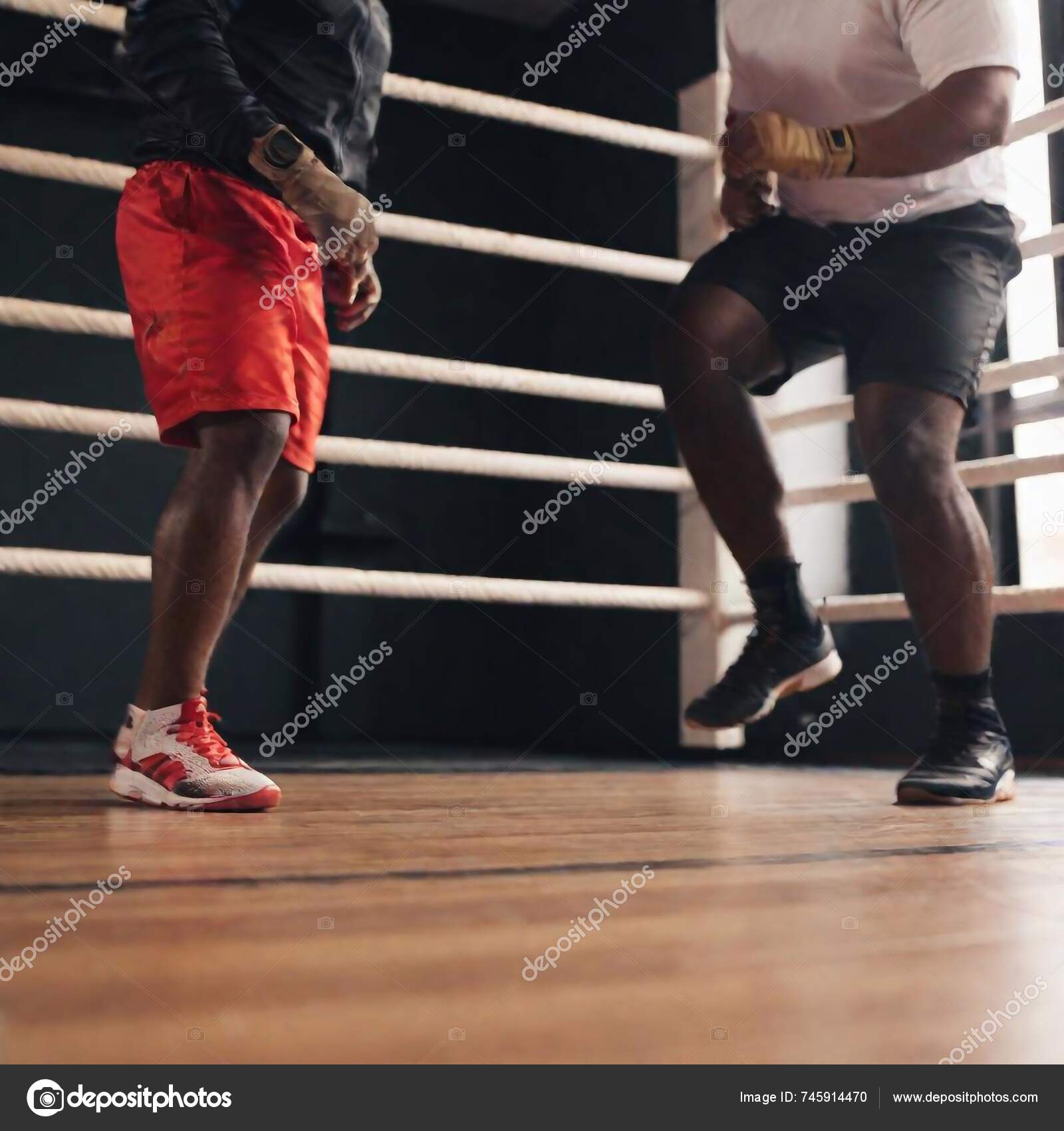 Macro Ground Level Shot Two Multiracial Boxers' Feet Moving Swiftly ...