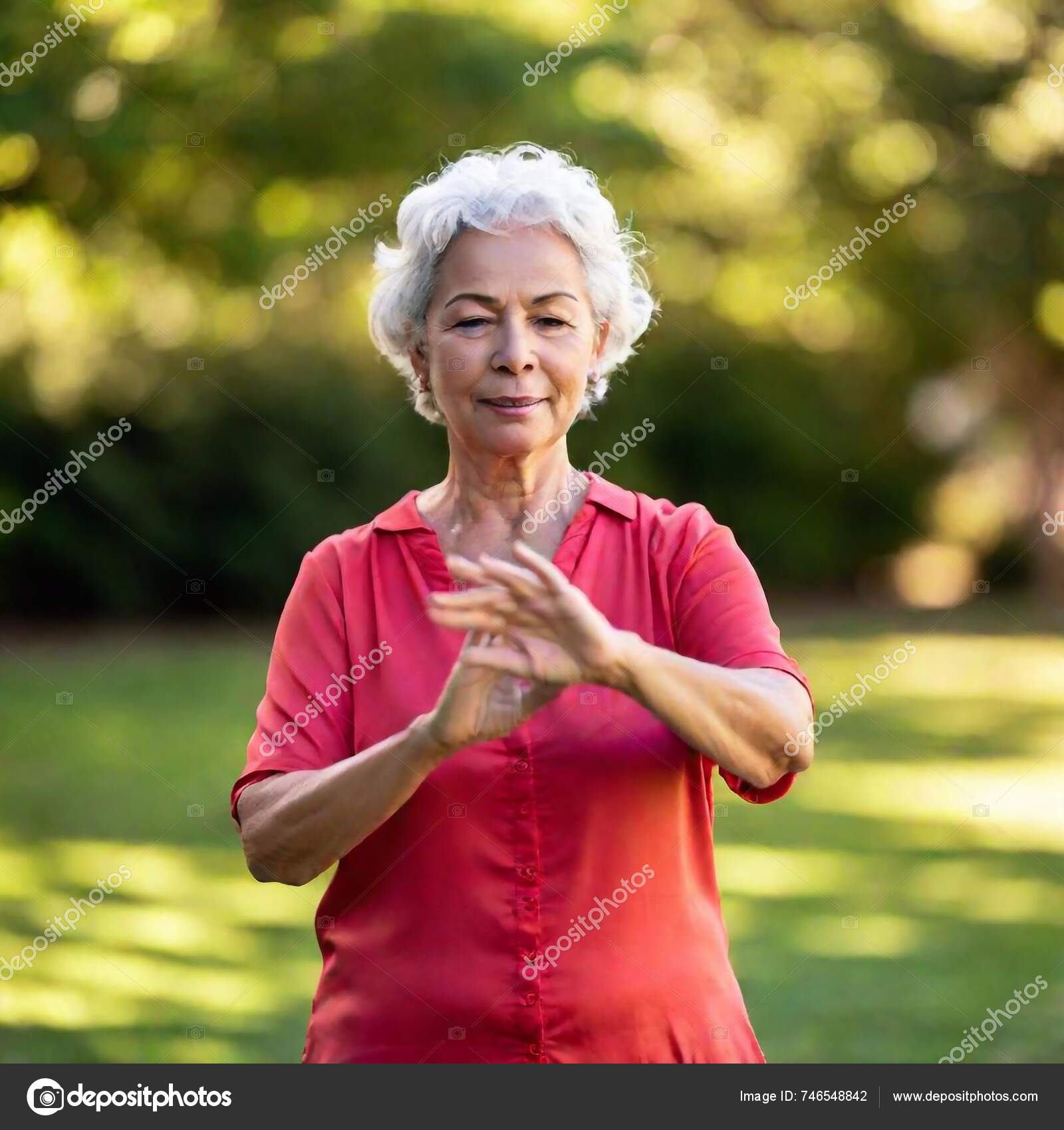 Senior Woman Practicing Tai Chi Outdoor Setting Gracefully Moving Her ...