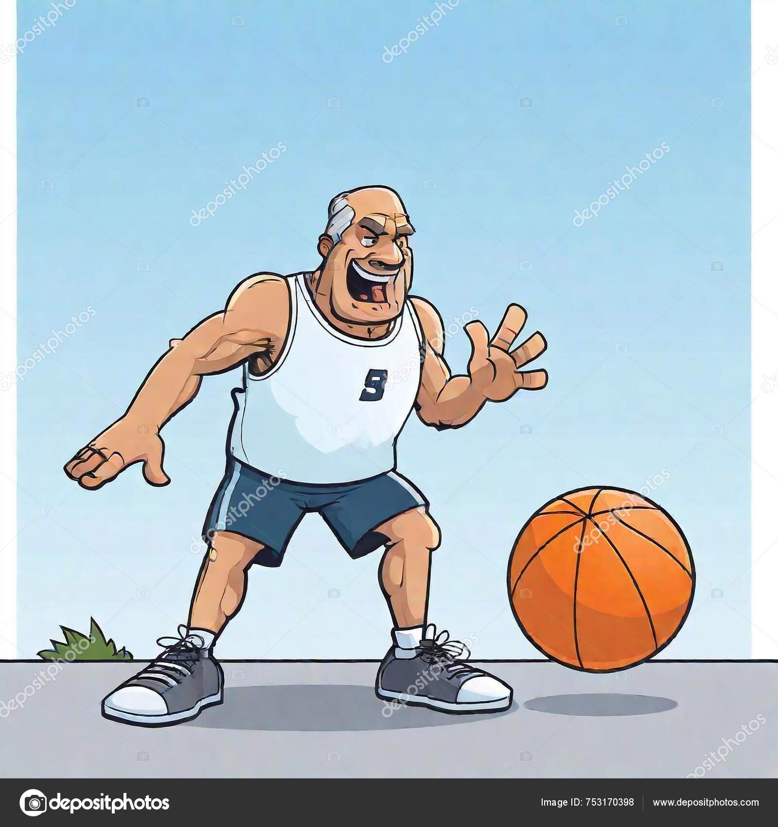 Cartoon Illustration Senior Player Using Comically Oversized Basketball ...