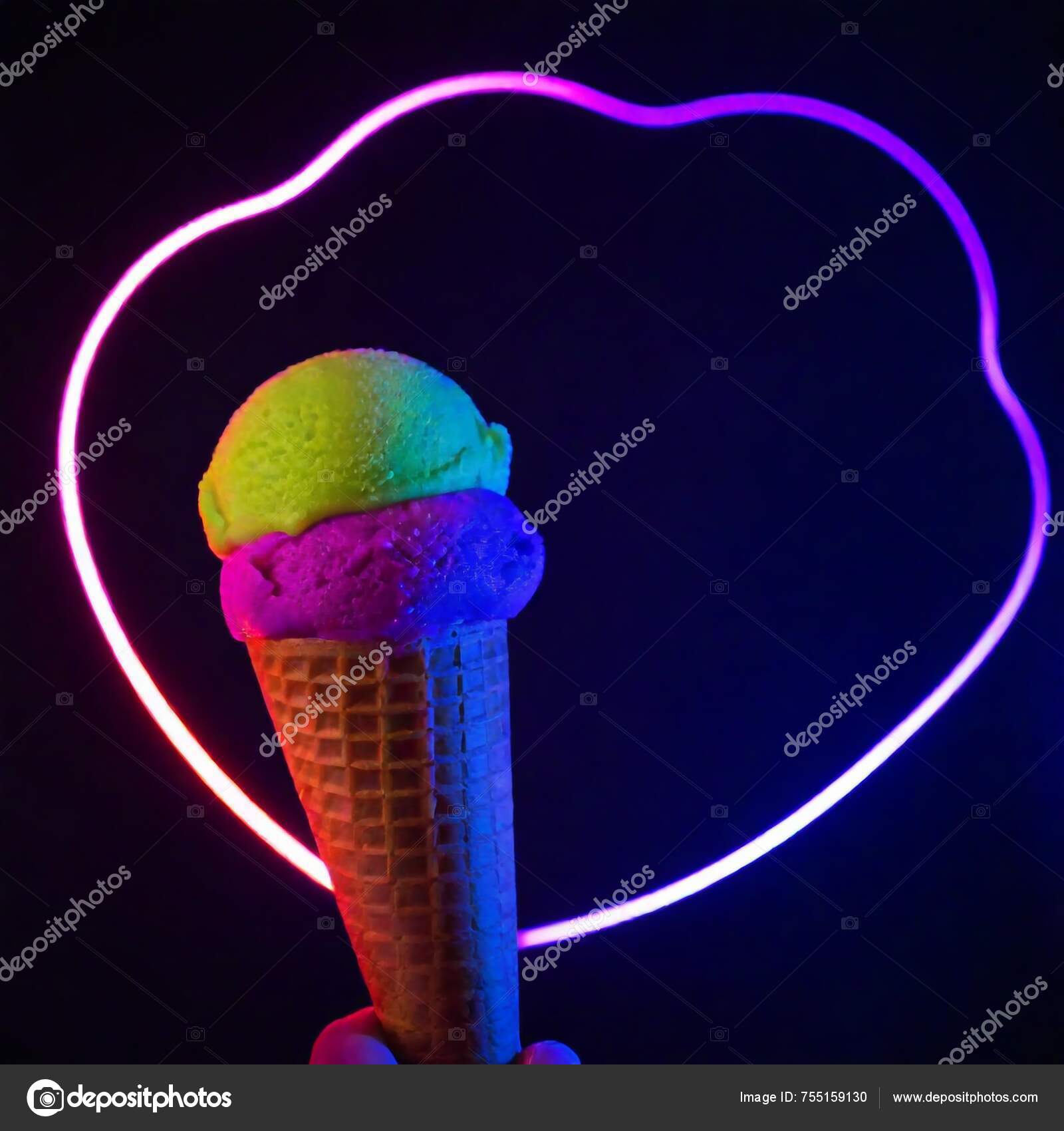 Ice Cream Cone Neon Colors Dark Background Vivid Bright — Stock Photo ...