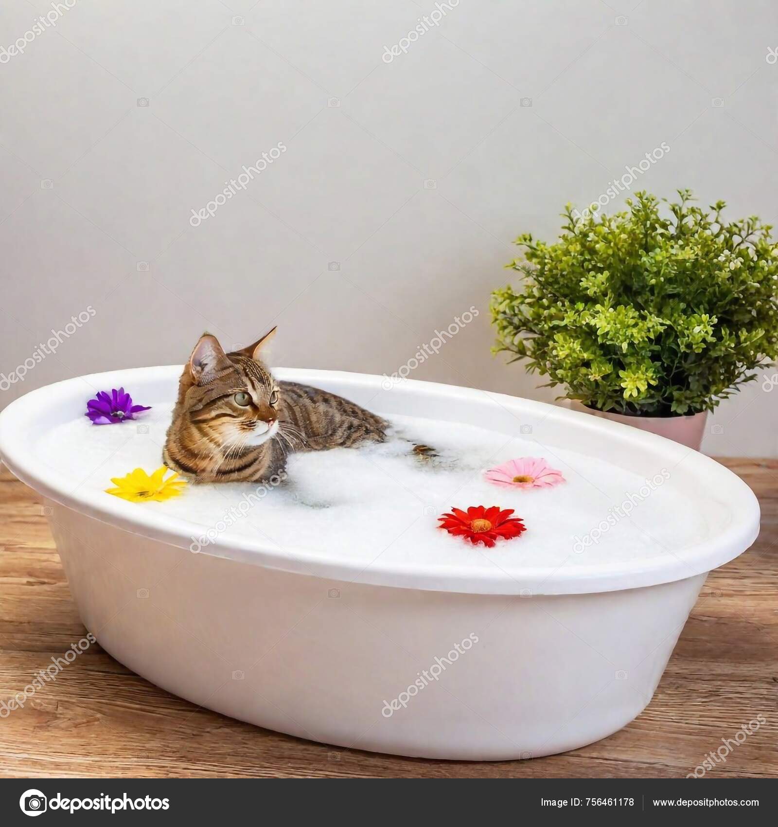 Whimsical Pet Spa Cat Lounging Bubble Baths Filled Foam Surrounded ...