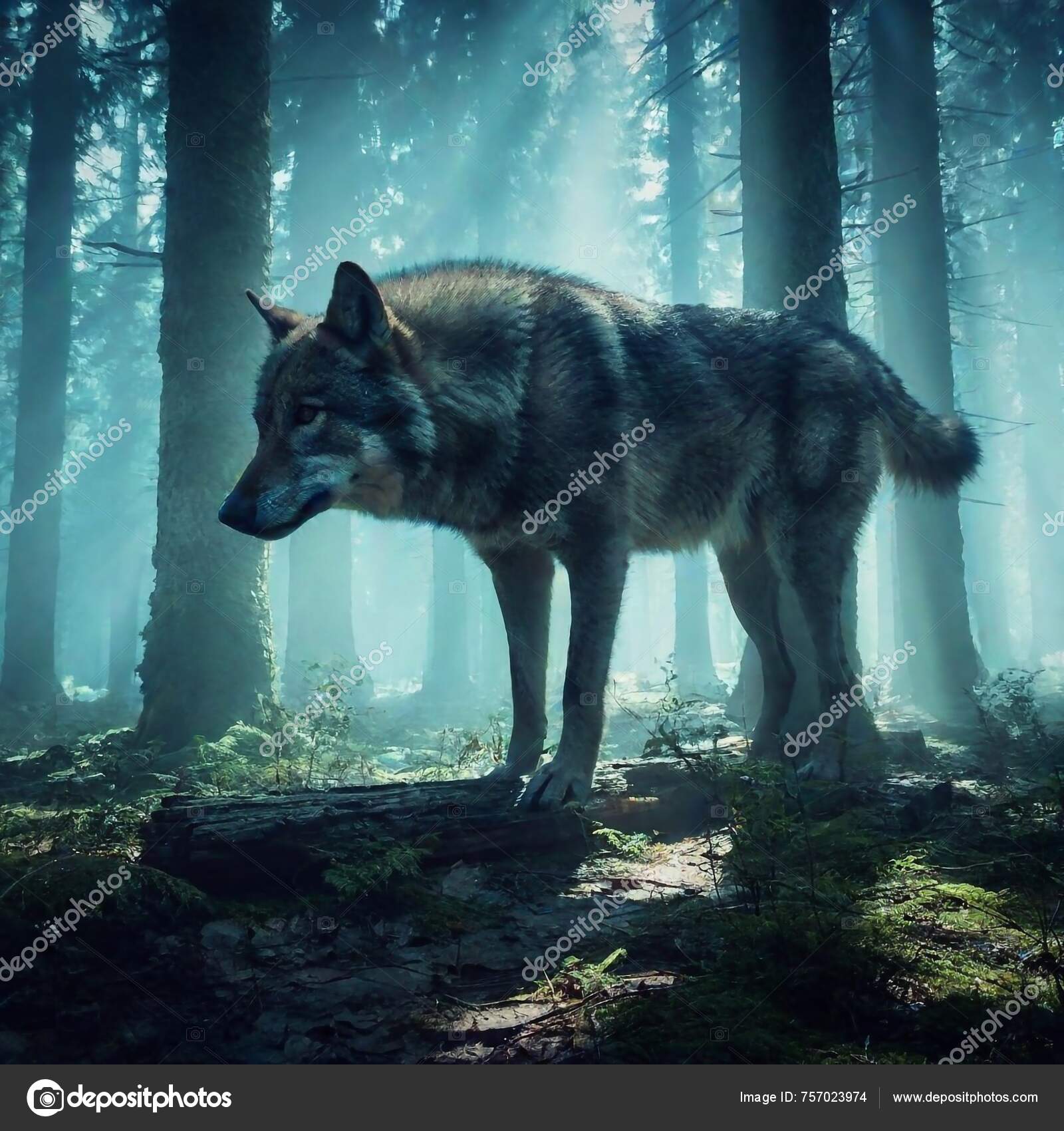 Dark Wolves Glowing Eyes Hunting Fog Post Apocalyptic Forest — Stock ...