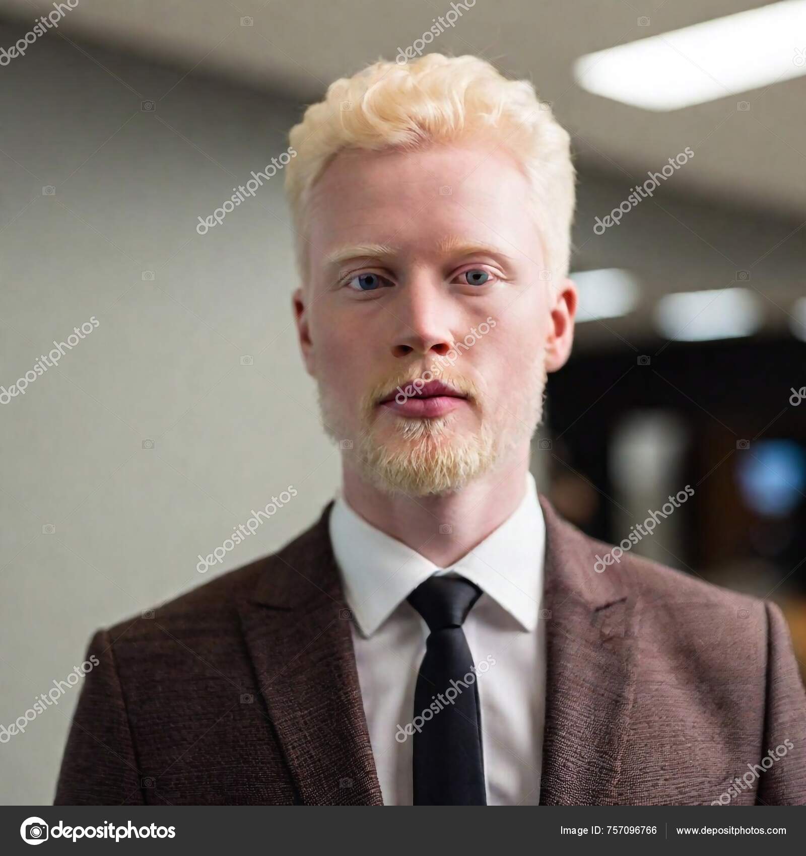 Man Albinism Confidently Walking Runway Sleek Tailored Suit Medium Shot ...