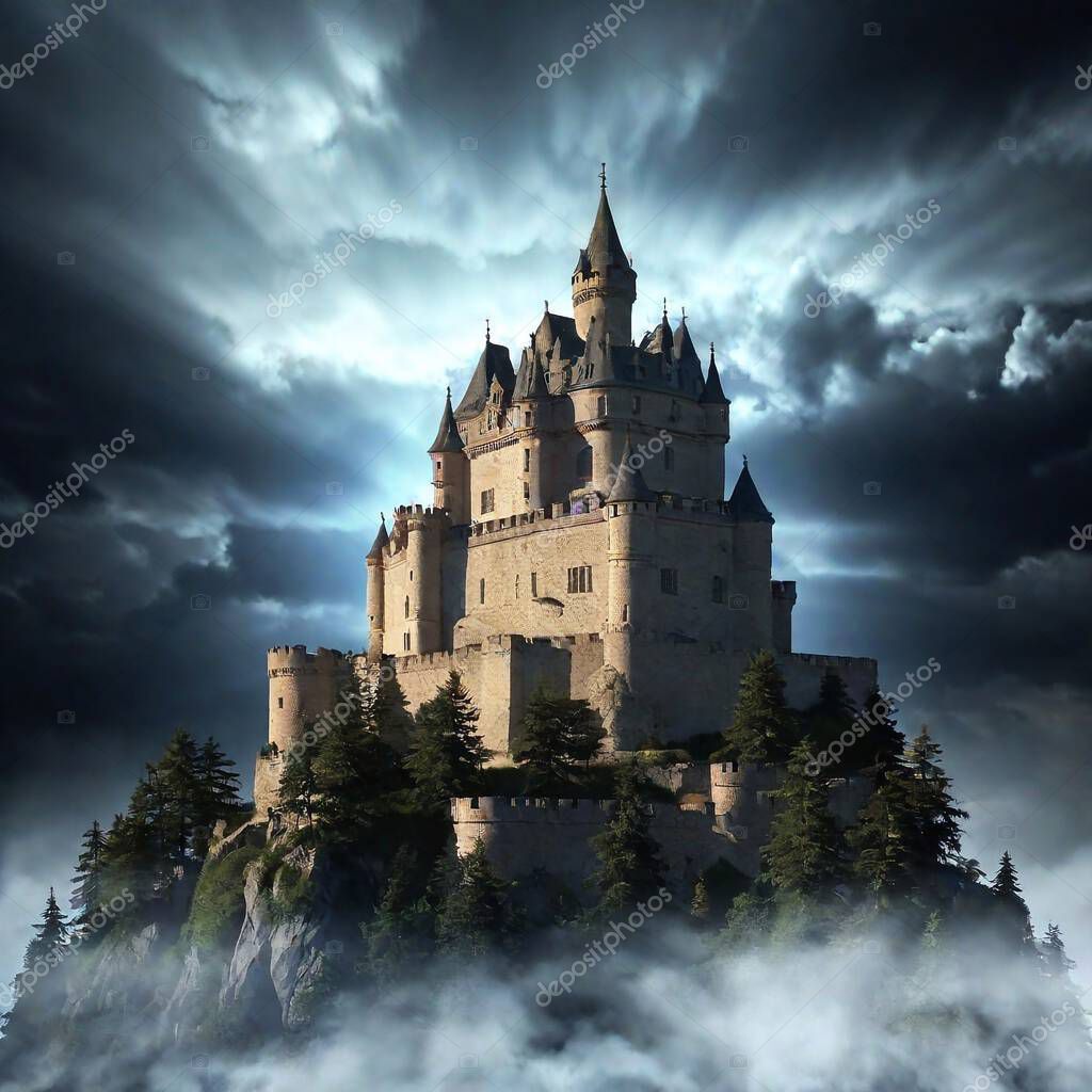 "Estilo DND: Un castillo en una montaña rodeada de criaturas míticas ...