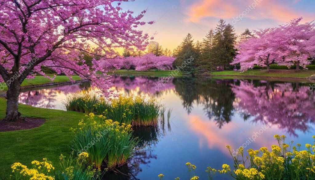Lienzo primaveral: Un paisaje pictórico de flores de cerezo tomando el ...