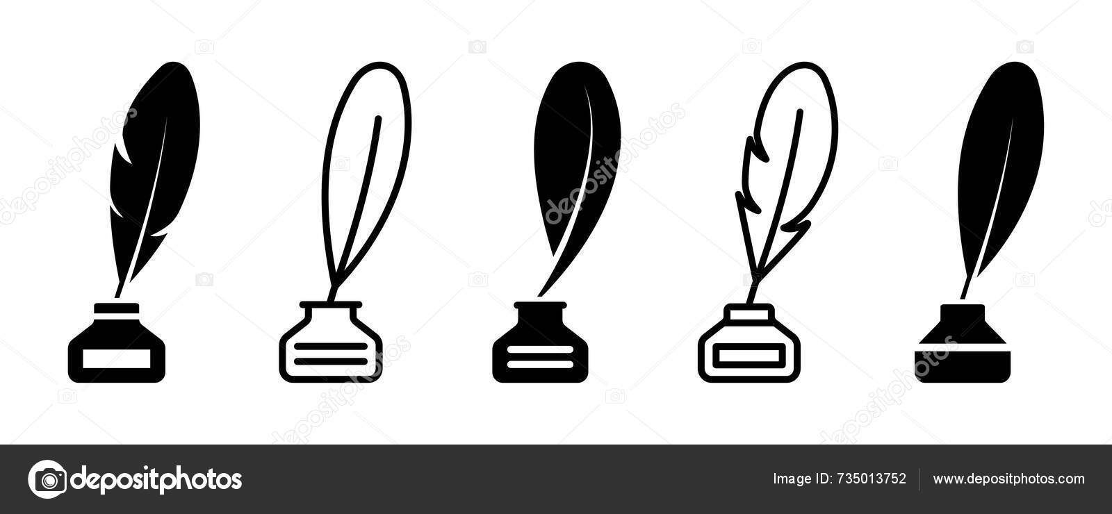 Set Feather Inkwell Vector Icons Nib Inkstand Old Vintage Pen — Stock ...