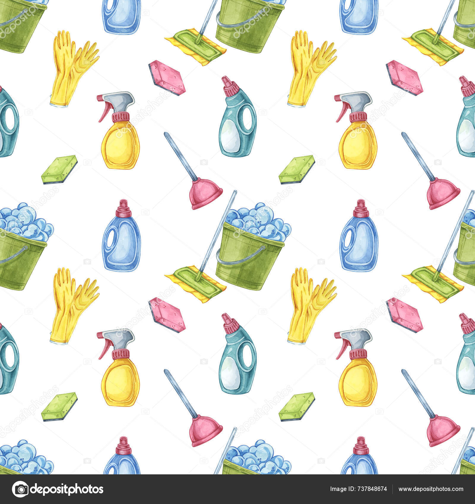 Housekeeping Tools Seamless Pattern Featuring Cleaning Supplies Buckets ...