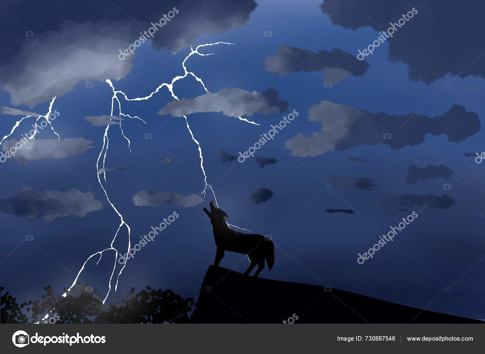 Sound Wolf Wolf Howling Cliff Thunder Trees Night View Forest — Stock ...