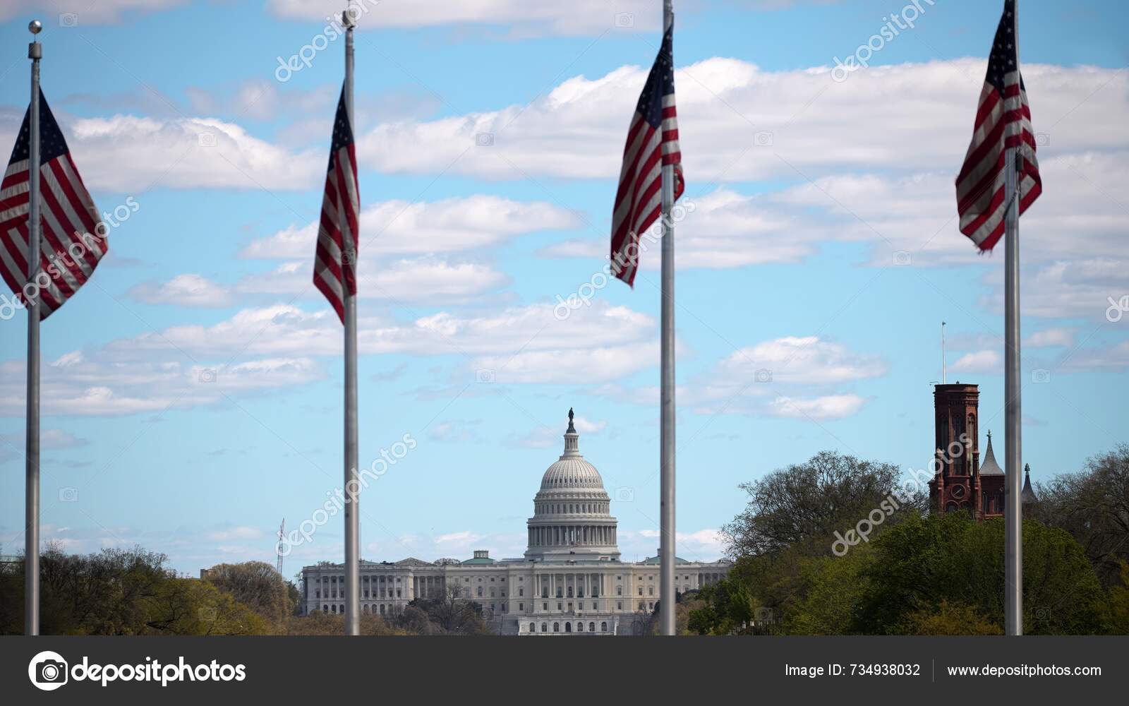 Capitol Flags Waving Washington Monument Washington Sunny Clear Blue ...