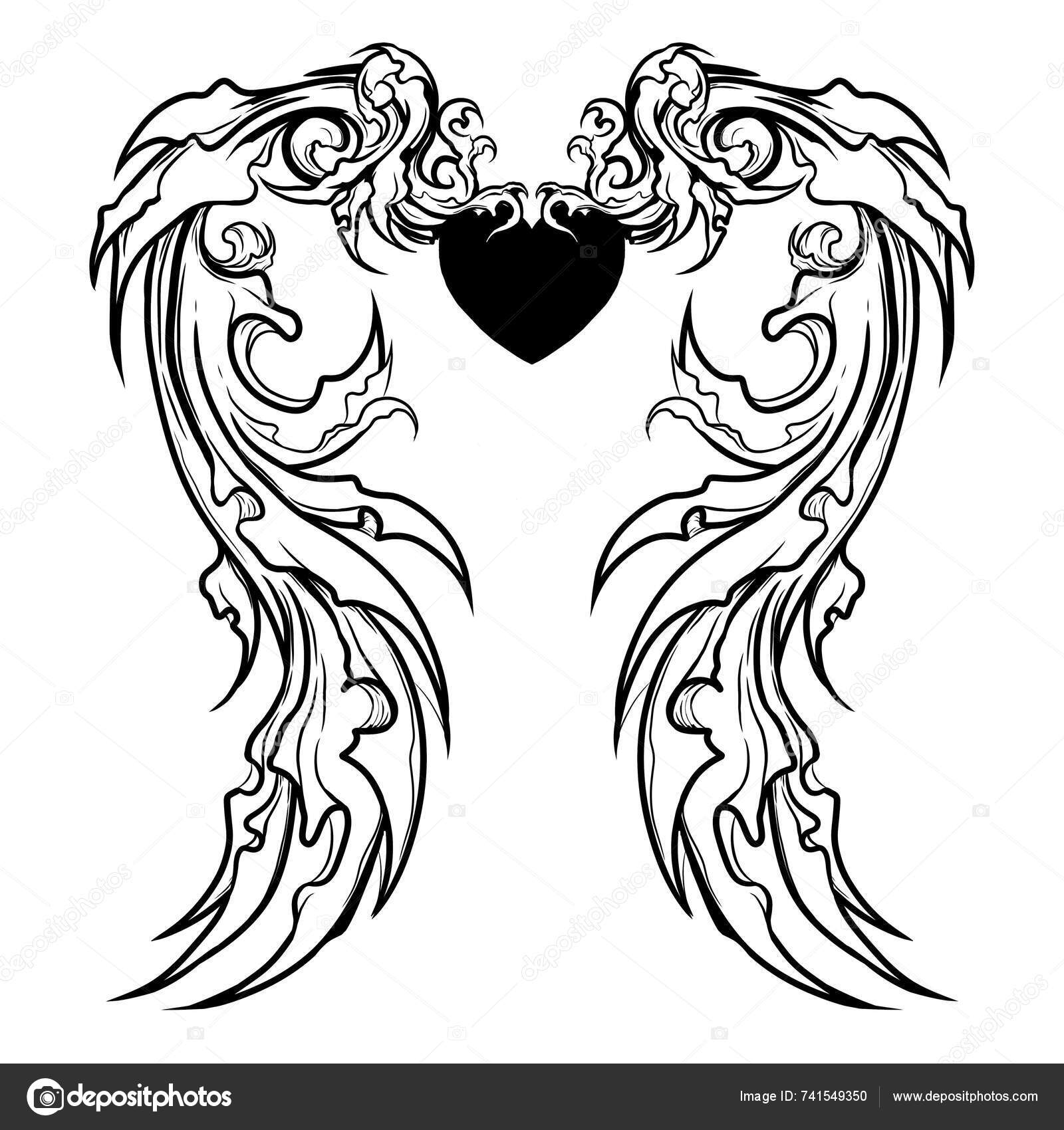 Black White Authentic Mythical Neo Tribal Heart Wing Tattoo Design ...