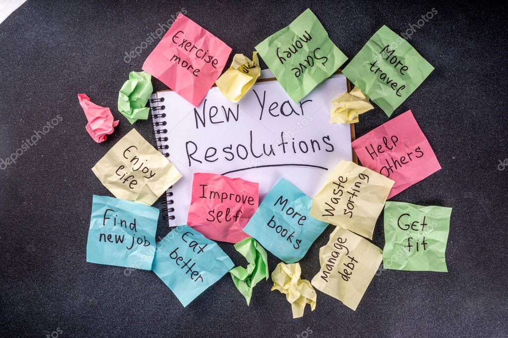 Objetivos de año nuevo o resoluciones sobre pegatinas de papel de ...