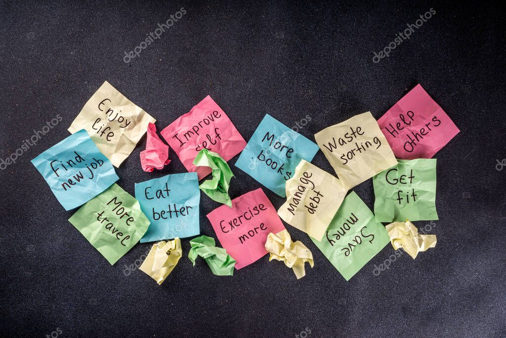 Objetivos de año nuevo o resoluciones sobre pegatinas de papel de ...
