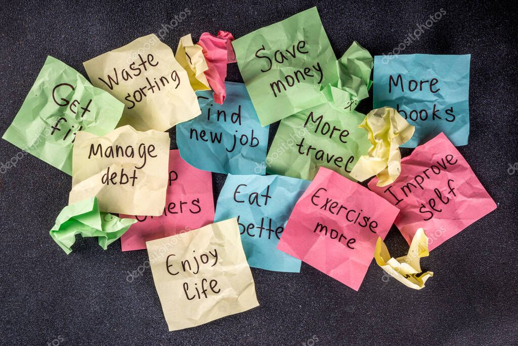 Objetivos de año nuevo o resoluciones sobre pegatinas de papel de ...