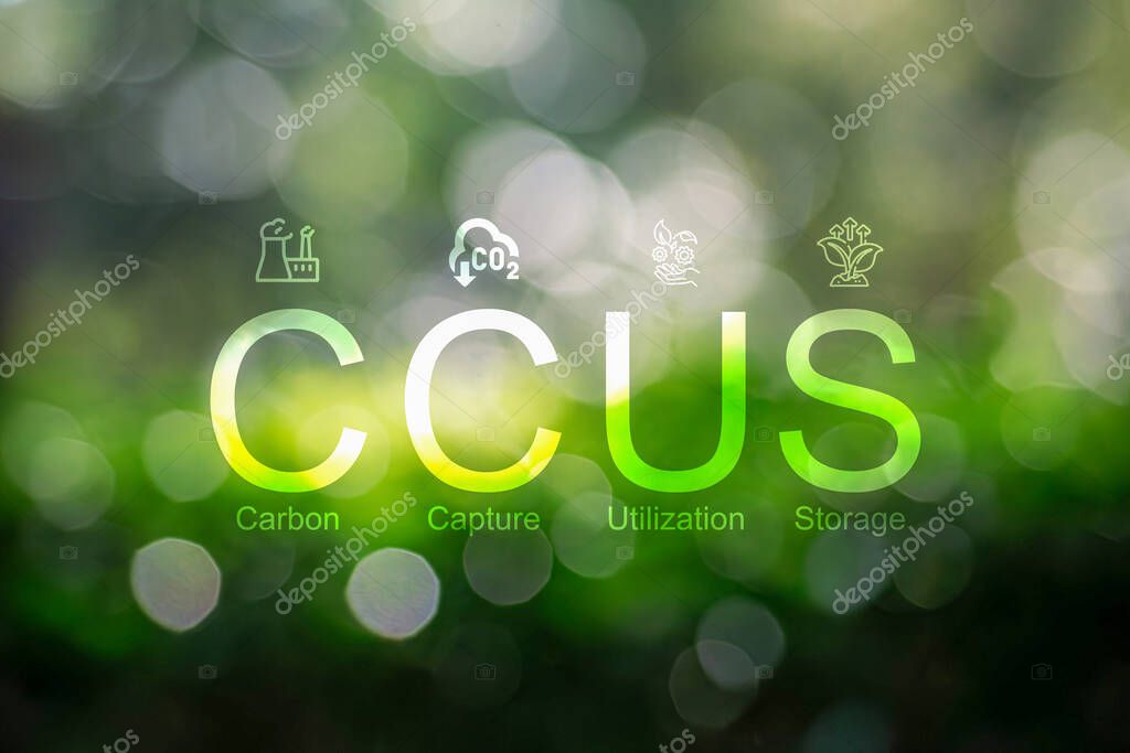 Concepto de captura, utilización y almacenamiento de carbono (CCUS). Palabras CCUS sobre los ...
