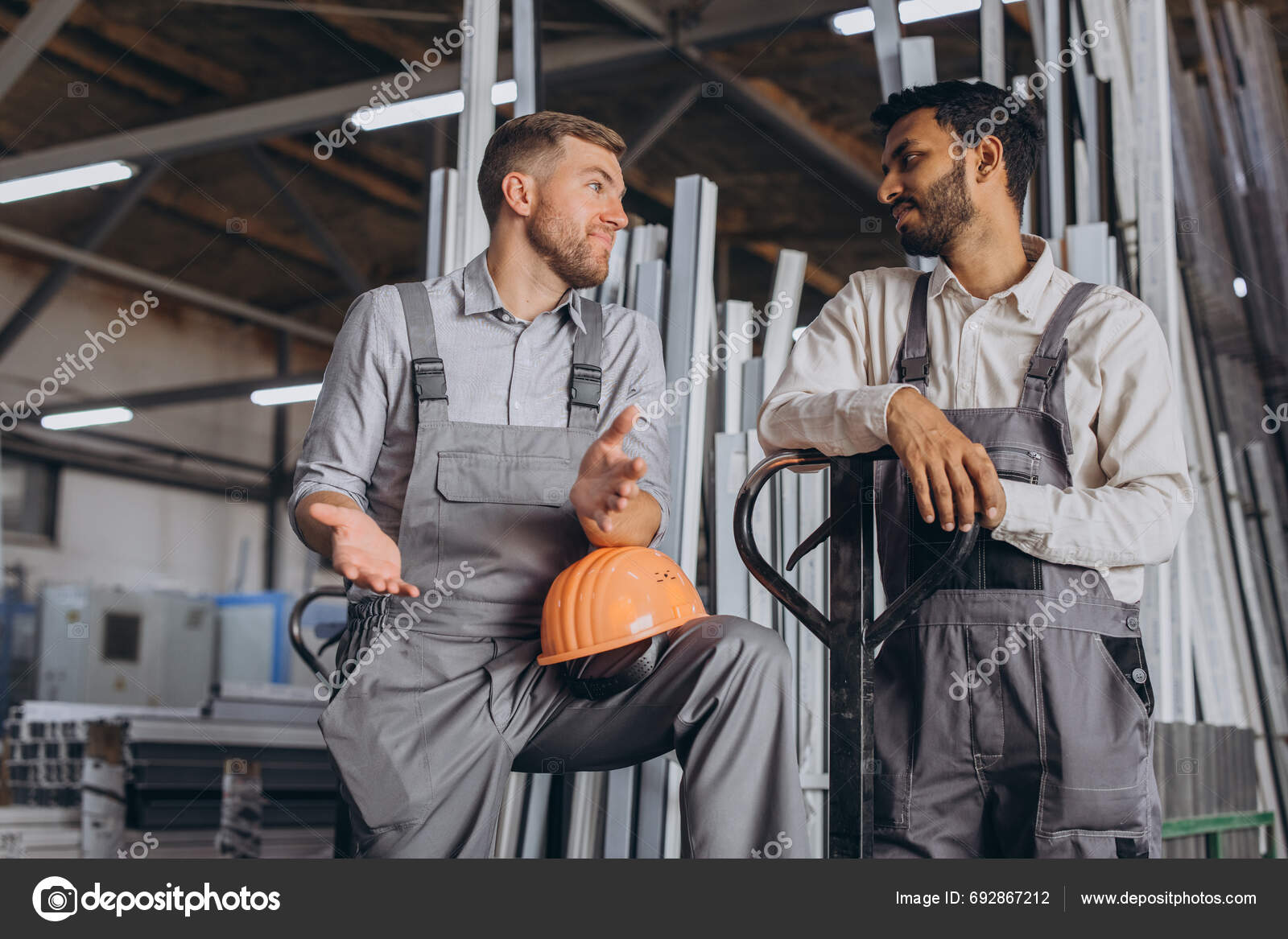 Portrait Two International Workers Wearing Hardhats Taking Break Work ...