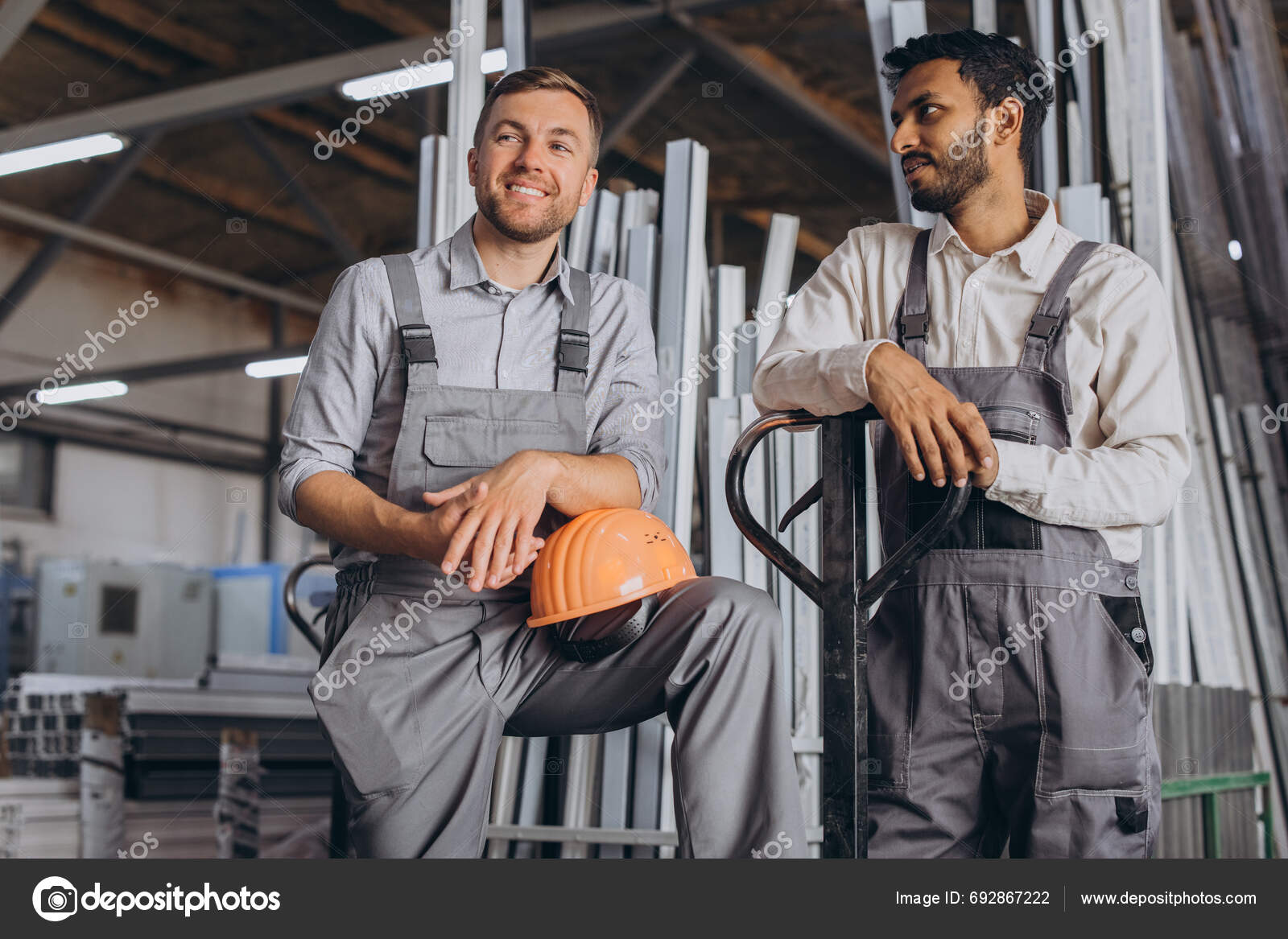 Portrait Two International Workers Wearing Hardhats Taking Break Work ...