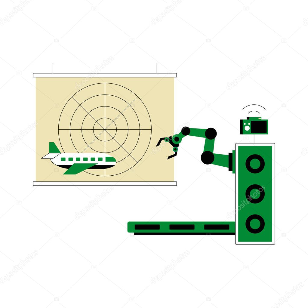 Un brazo robótico opera frente a una pantalla de radar que muestra un ...