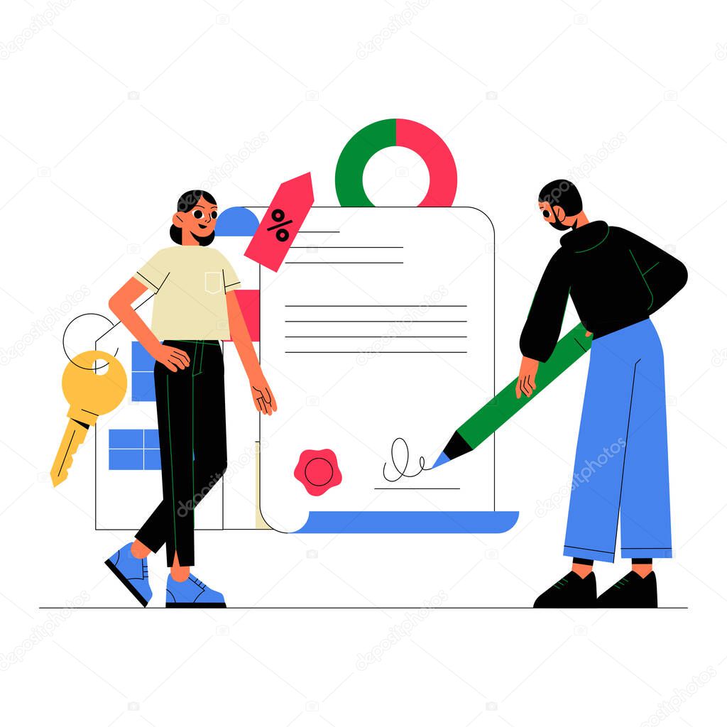 Cliente femenino sosteniendo llaves de la casa y agente masculino ...