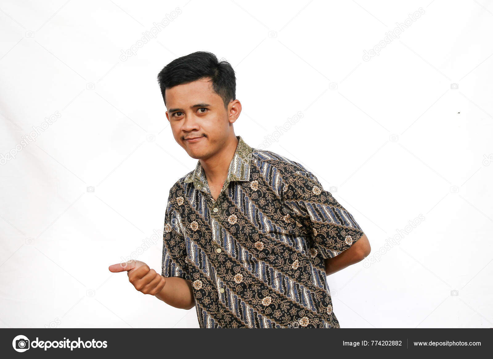 Asian Man Wearing Batik Clothes Directing Guests Saying Monggo Javanese ...