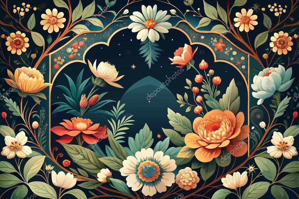 Ilustración simétrica del patrón de flores y hojas 2025