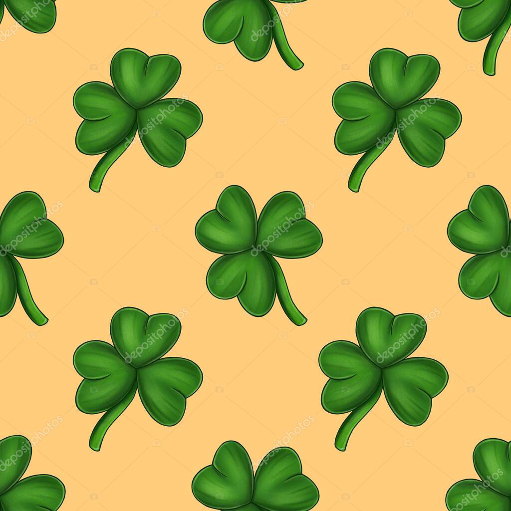 Diseño de trébol grande de patrón sin costura sobre fondo naranja 2025