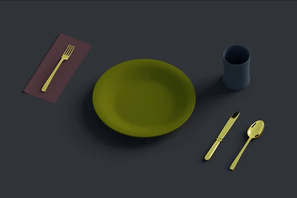 Simple dinner table setting of generic kitchen utensils in unconventional color scheme, 3d ...