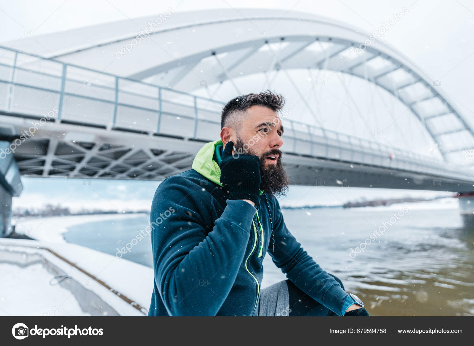 Handsome Middle Age Man Beard Using His Bluetooth Era Buds — Stock ...