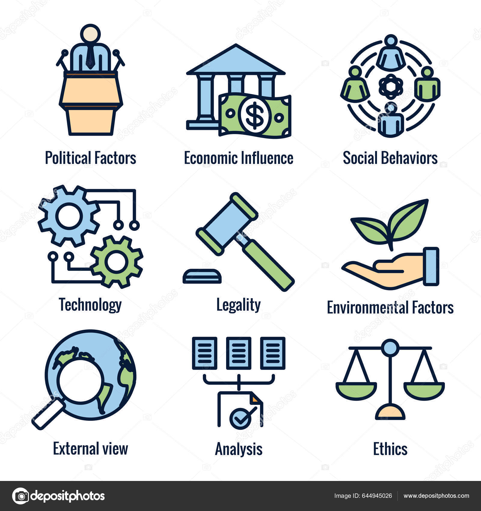 Análisis Negocios Con Pestel Methods Icon Set vector, gráfico vectorial ...