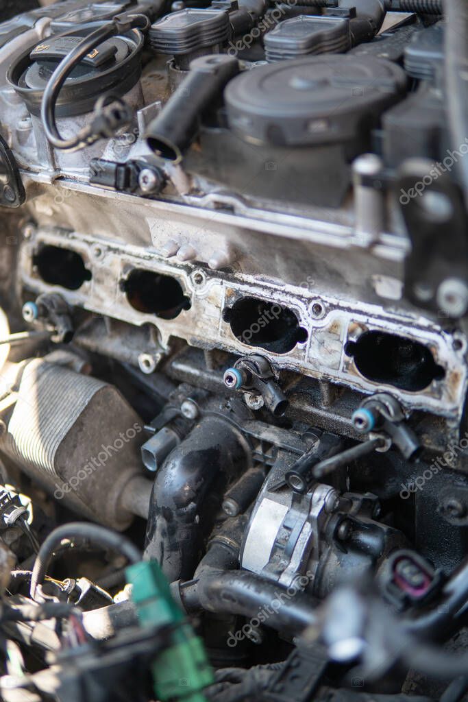Car repair concept. dirty engine Intake Close up manifold ports. car ...