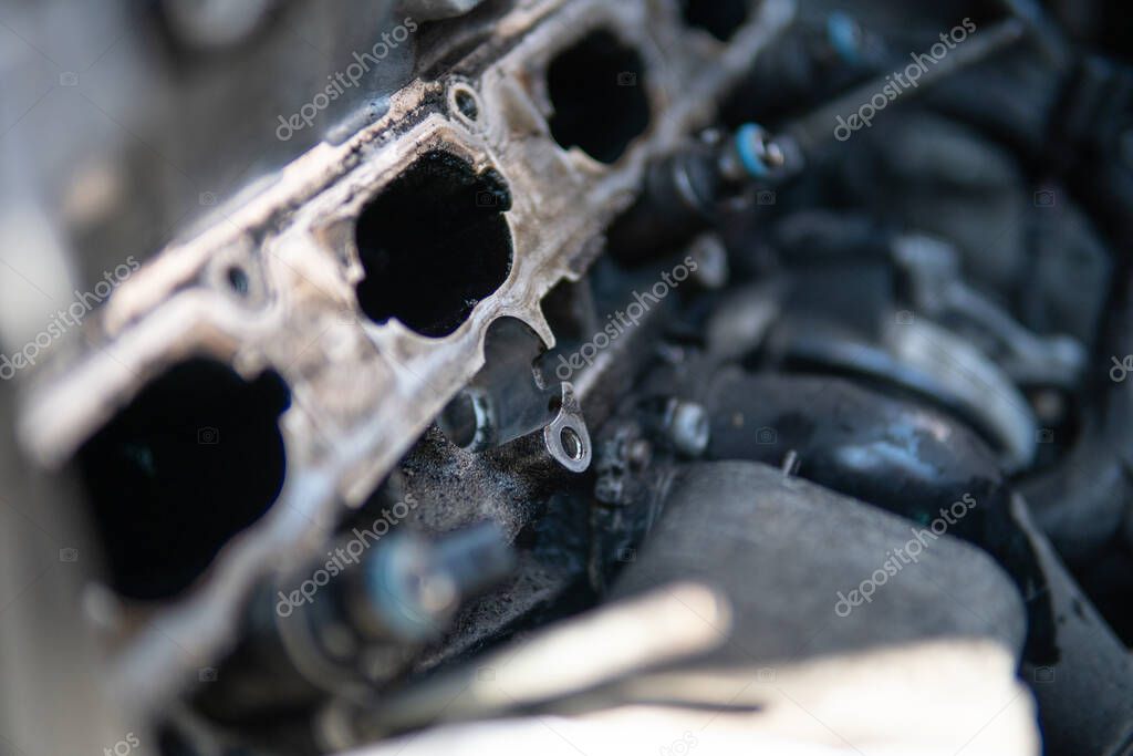 Close up manifold ports. Close up of dirty intake manifold ports ...