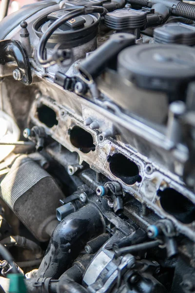 Close up manifold ports. car engine Dirty intake manifold. Close up of ...