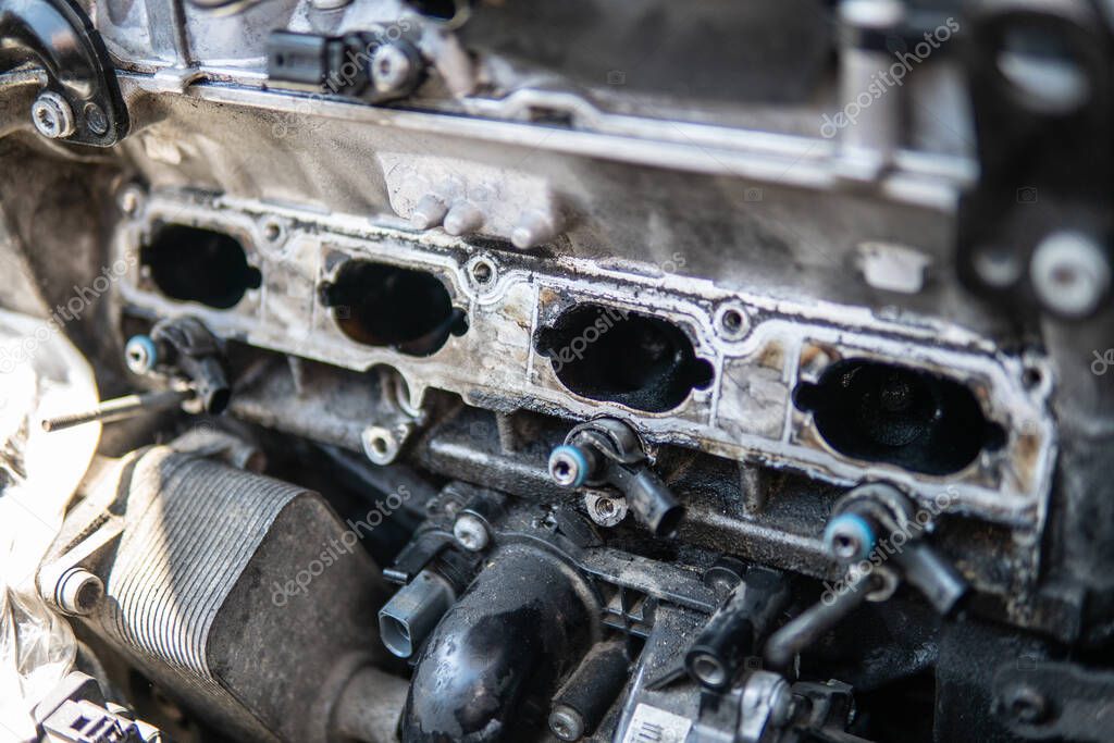 car engine Dirty intake manifold. Close up of dirty intake manifold ...
