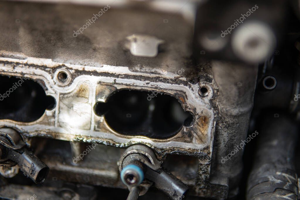 Car repair concept. Dirty intake manifold. dirty engine Intake car ...