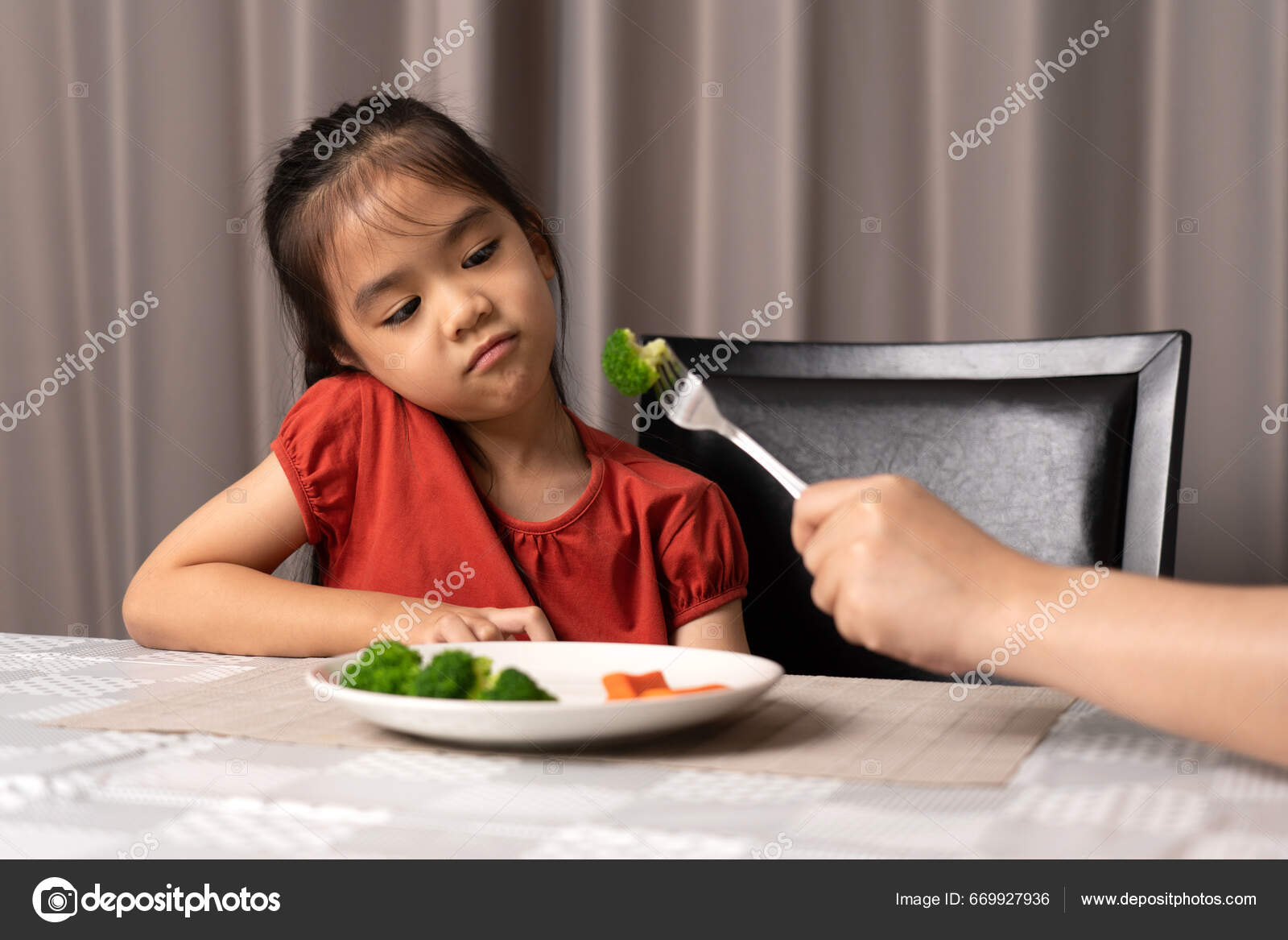 Little Cute Kid Girl Refusing Eat Healthy Vegetables Children Eat ...