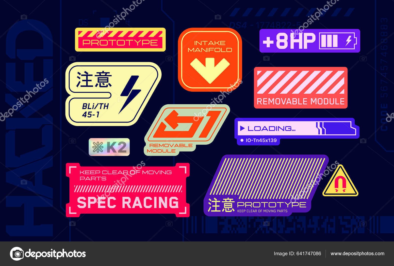 Cyberpunk Decals Set Set Vector Stickers Labels Futuristic Style ...