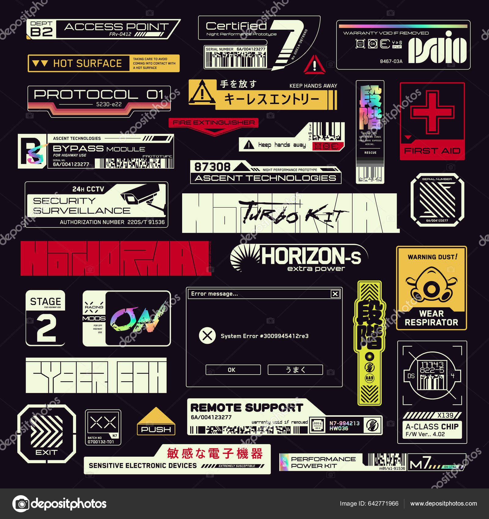 Cyberpunk Decals Set Set Vector Stickers Labels Futuristic Style ...