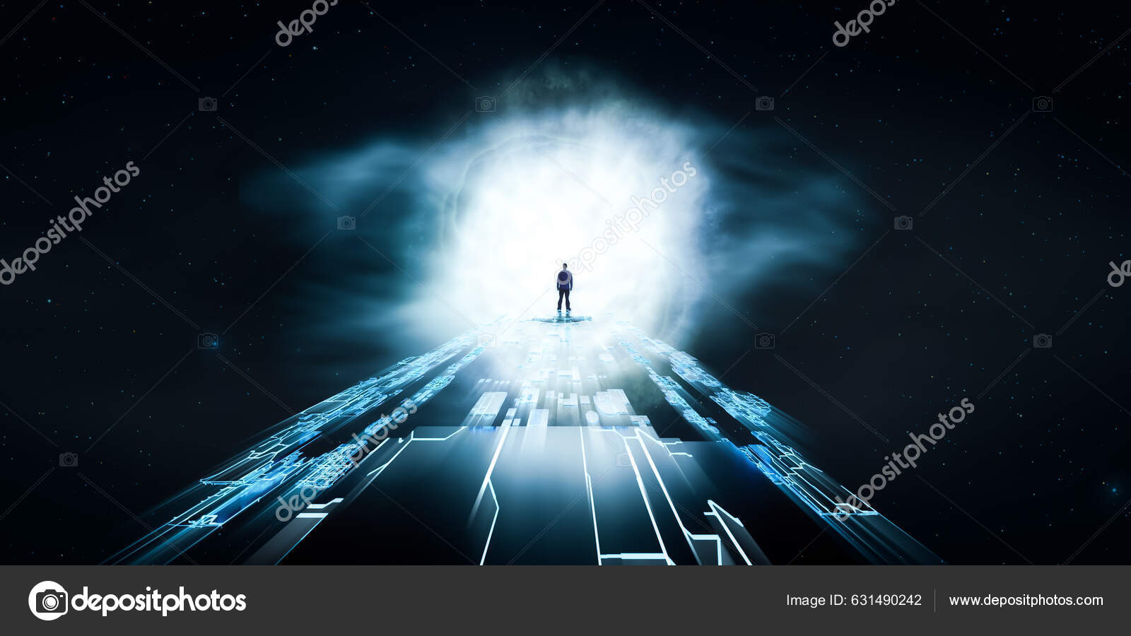 Dark Abstract Sci Path Outer Space Background Man Standing Glowing ...