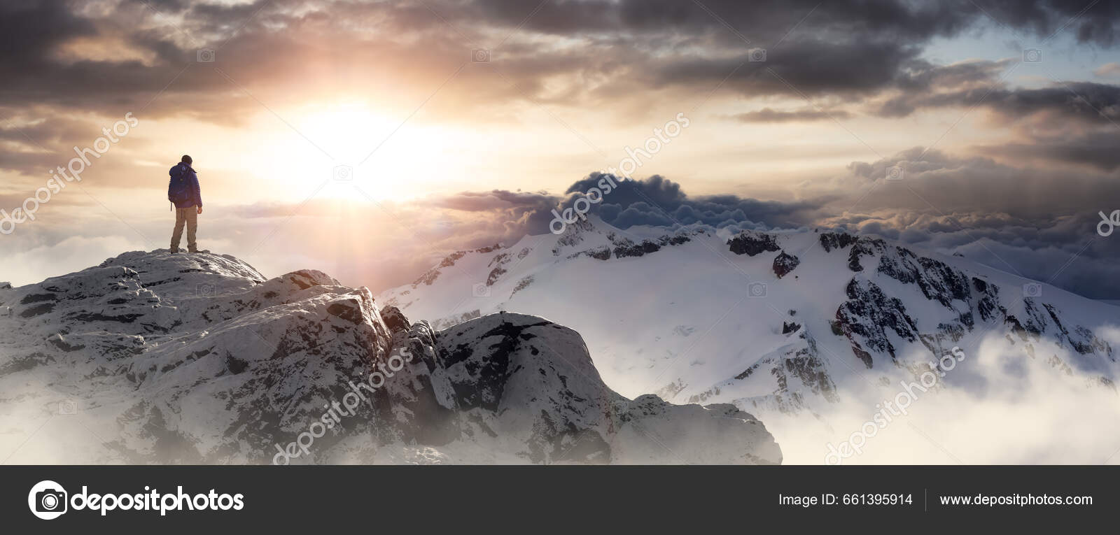 Adventurous Man Standing Top Mountain Cliff Exteme Adventure Composite ...