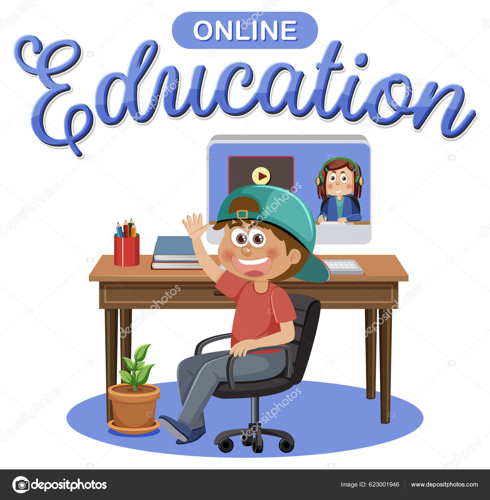 Educación Línea Con Ilustración Personajes Dibujos Animados Vector de ...