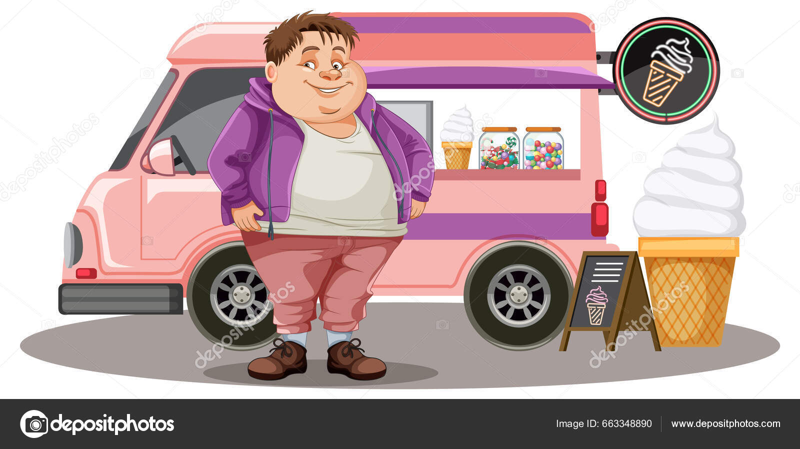 Overweight Man Front Ice Cream Food Truck Illustration Stock Vector by ...
