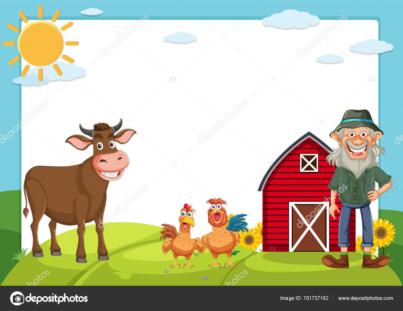 Image vectorielle Dessin Animé Agriculteur Avec Des Animaux Grange ...