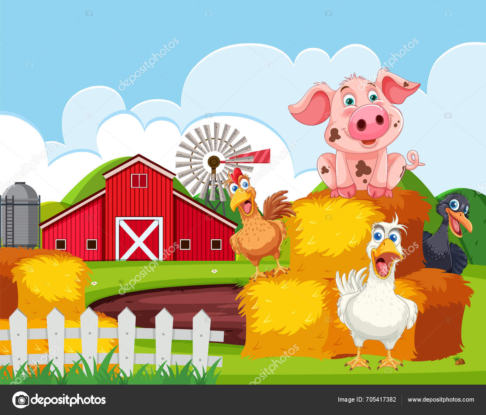 Image vectorielle Animaux Ferme Bande Dessinée Devant Une Grange Rouge ...