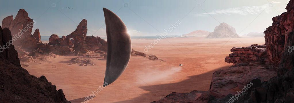 SCI-FI in the desert with a monolith-shaped spaceship (alien) resting ...